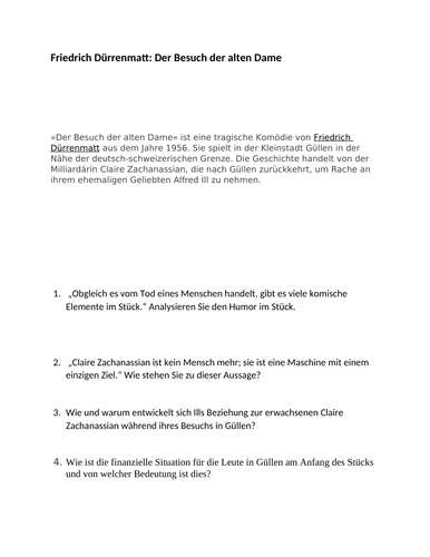 Friedrich Dürrenmatt: Der Besuch der alten Dame A LEVEL GERMAN MOCK ...