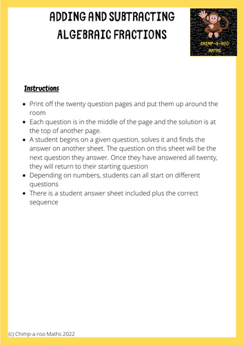 Treasure Hunt Adding and Subtracting Algebraic Fractions | Teaching ...