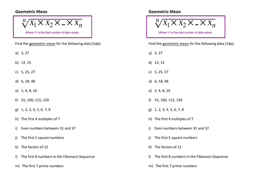 Geometric Mean Worksheet (GCSE Statistics) | Teaching Resources