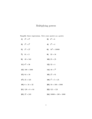 Multiplying powers worksheet (with solutions) | Teaching Resources