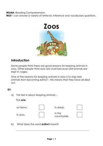 Year 2 Zoo Reading Comprehension SATs Style | Teaching Resources