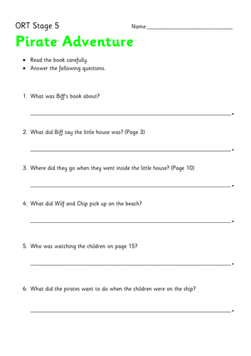 ORT Stage 5 Reading Comprehension – Pirate Adventure | Teaching Resources