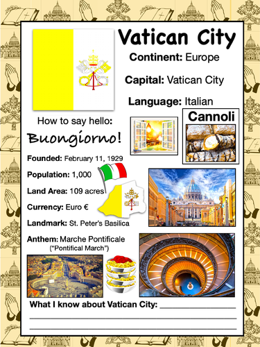 VATICAN CITY History & Geography, Travel The World Worksheet | Teaching ...