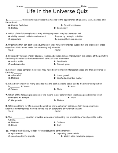 Life in the Universe Quiz | Teaching Resources