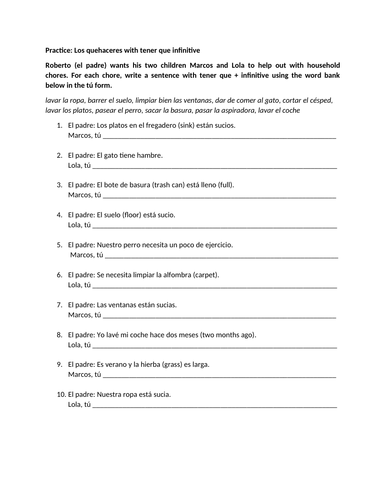Los quehaceres worksheet with tener que infinitive | Teaching Resources
