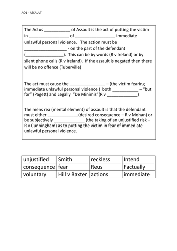 AO1 non fatal offences - revision exercise | Teaching Resources