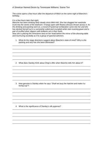 A Streetcar Named Desire Worksheets | Teaching Resources