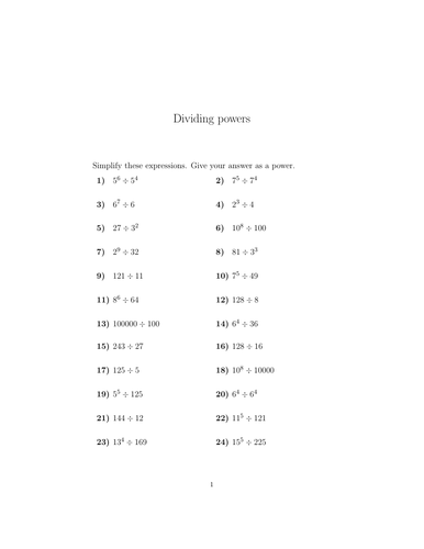 Dividing powers worksheet (with solutions) | Teaching Resources