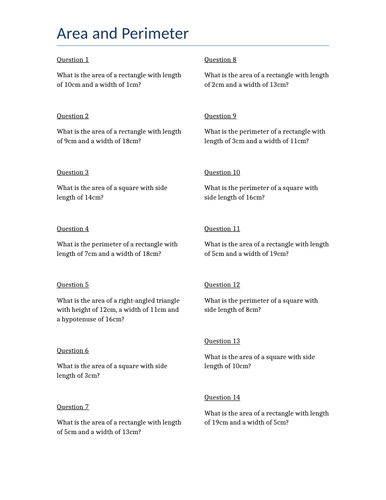 200 Area and Perimeter Questions | Teaching Resources