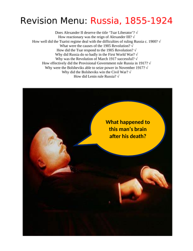 Revision Menu - Russia 1855-1924 | Teaching Resources