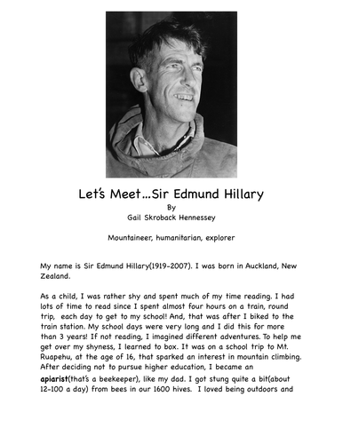 Sir Edmund Hillary: A Reading Passage/Activity Resource | Teaching ...