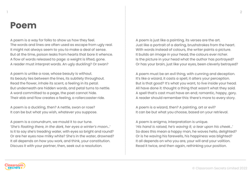 Year 6 Reading Skills - Poem | Teaching Resources
