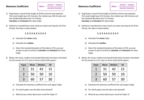 Skewness Coefficient Worksheet (GCSE Statistics) | Teaching Resources
