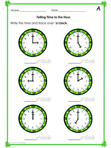 St Patrick's Day Telling The Time To The Hour and Half Hour Worksheets ...