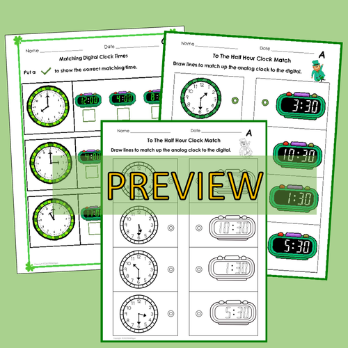 St Patrick's Day Telling The Time To The Hour and Half Hour Worksheets ...