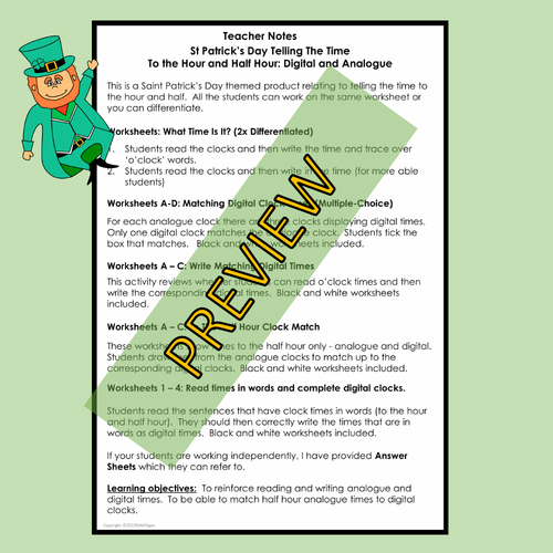 St Patrick's Day Telling The Time To The Hour and Half Hour Worksheets ...