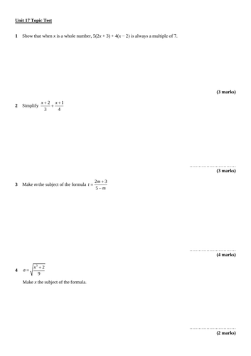 Edexcel GCSE Higher Unit 17 - More Algebra | Teaching Resources