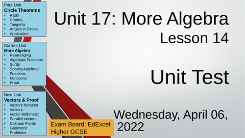 Edexcel GCSE Higher Unit 17 - More Algebra | Teaching Resources