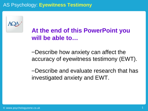 AQA A Level Psychology: Eyewitness Testimony and Anxiety | Teaching ...
