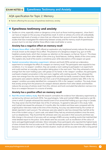 AQA A Level Psychology: Eyewitness Testimony and Anxiety | Teaching ...