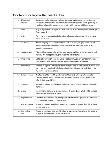 Jupiter Unit Vocabulary | Teaching Resources
