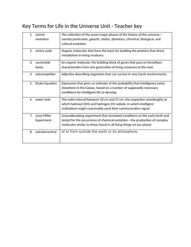 Life in the Universe Unit Vocabulary | Teaching Resources