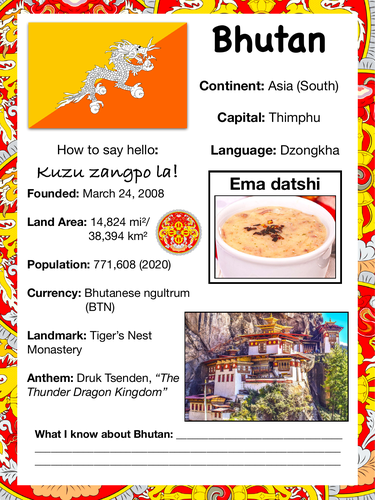 BHUTAN History & Geography, Travel The World Worksheet | Teaching Resources