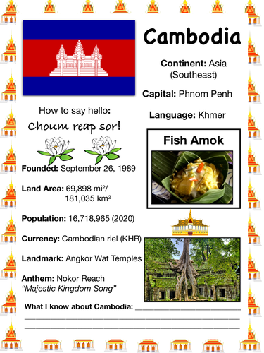 CAMBODIA History & Geography, Travel The World Worksheet | Teaching ...