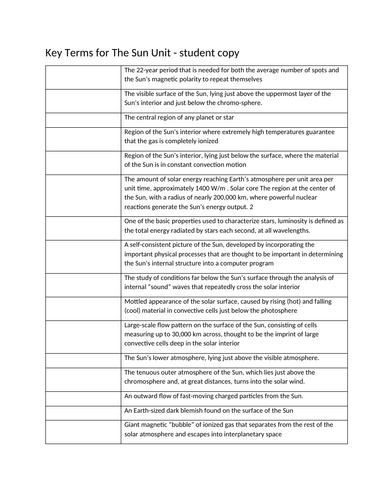 The Sun Unit Vocabulary | Teaching Resources