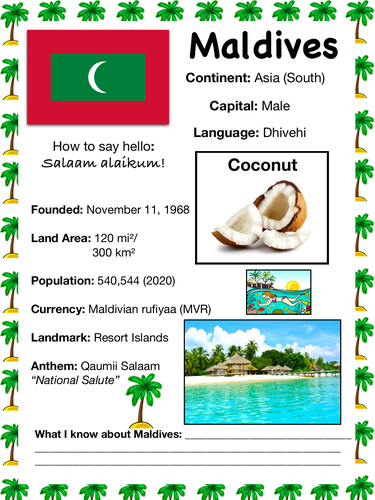 MALDIVES History & Geography, Travel The World Worksheet | Teaching ...