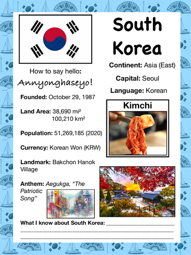 SOUTH KOREA History & Geography, Travel The World Worksheet | Teaching ...