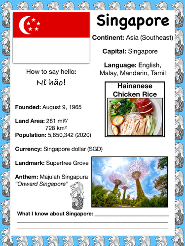 SINGAPORE History & Geography, Travel The World Worksheet | Teaching ...