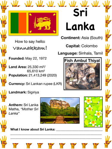 SRI LANKA History & Geography, Travel The World Worksheet | Teaching ...