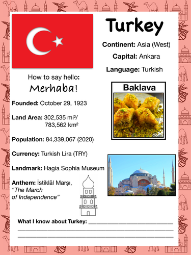 TURKEY History & Geography, Travel The World Worksheet | Teaching Resources