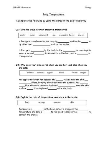 Body Temperature - Worksheet for low ability learners | Teaching Resources