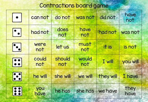 Contractions cards - snap & matching games, game boards dice games with ...