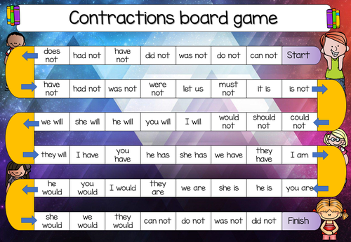 Contractions cards - snap & matching games, game boards dice games with ...