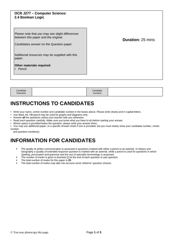J277 OCR 2.4 Boolean Logic | Teaching Resources