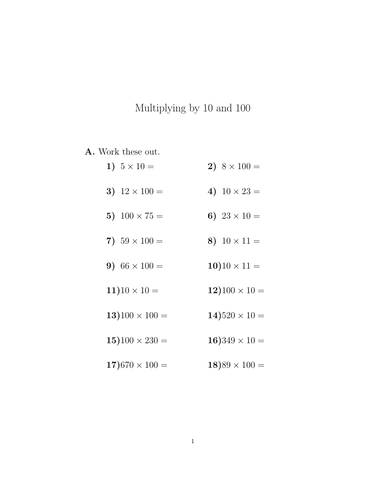 Multiplying by 10 and 100 (whole numbers only) worksheet with solutions ...