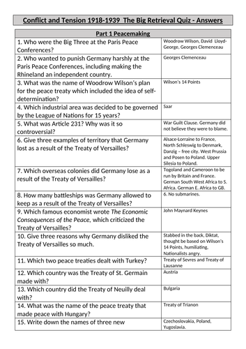 Big Quiz focusing on AQA GCSE History Conflict and Tension 1918-1939 ...