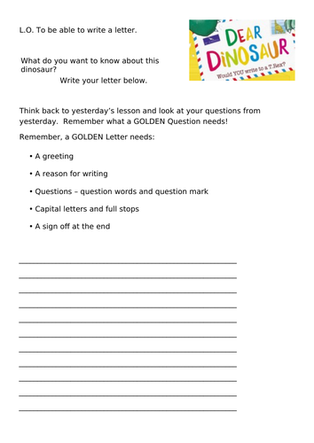 Year 1 English Planning - Dear Dinosaur - Fiction Book - Letter Writing ...