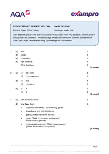 AQA Trilogy Bio H and F P2 advance info adapted mock and fast feedback ...