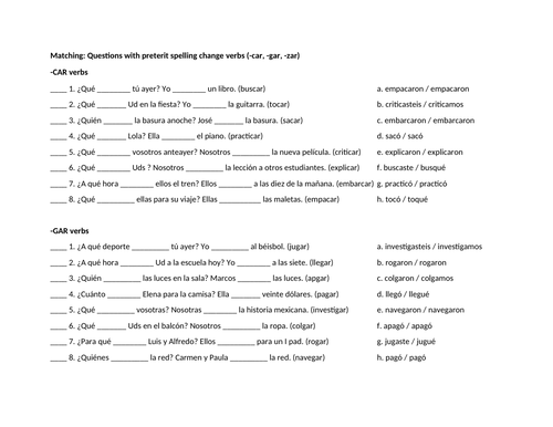 Spelling change preterit matching questions car gar zar | Teaching ...