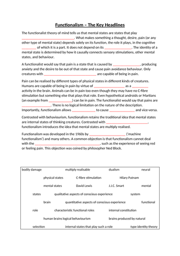 A Level Philosophy Functionalism handout | Teaching Resources