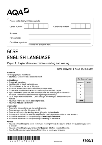 AQA November 2021 English Language Paper 1 Section A | Teaching Resources