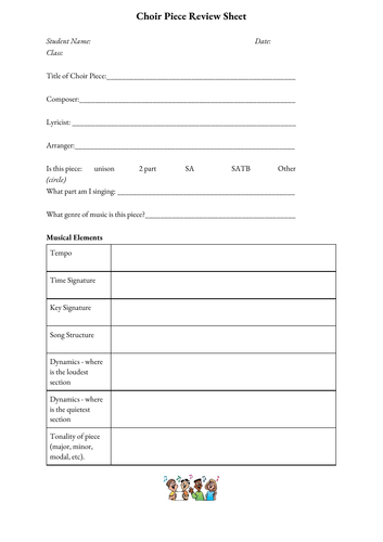 Choir Piece Review worksheet for music classes & choir | Teaching Resources