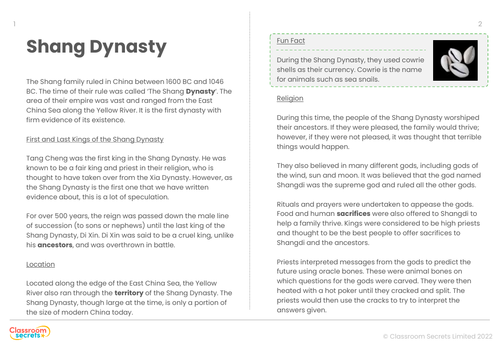 Year 5 Reading Skills - Shang Dynasty | Teaching Resources