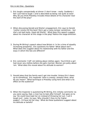 Eric Birling in 'An Inspector Calls' | Teaching Resources