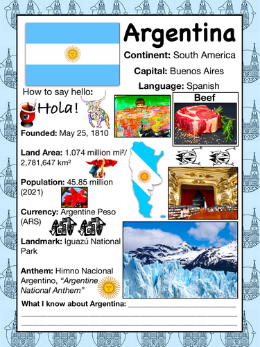 ARGENTINA History & Geography, Travel The World Worksheet | Teaching ...
