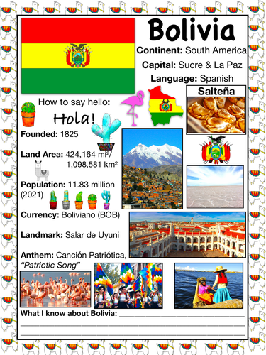 BOLIVIA History & Geography, Travel The World Worksheet | Teaching ...
